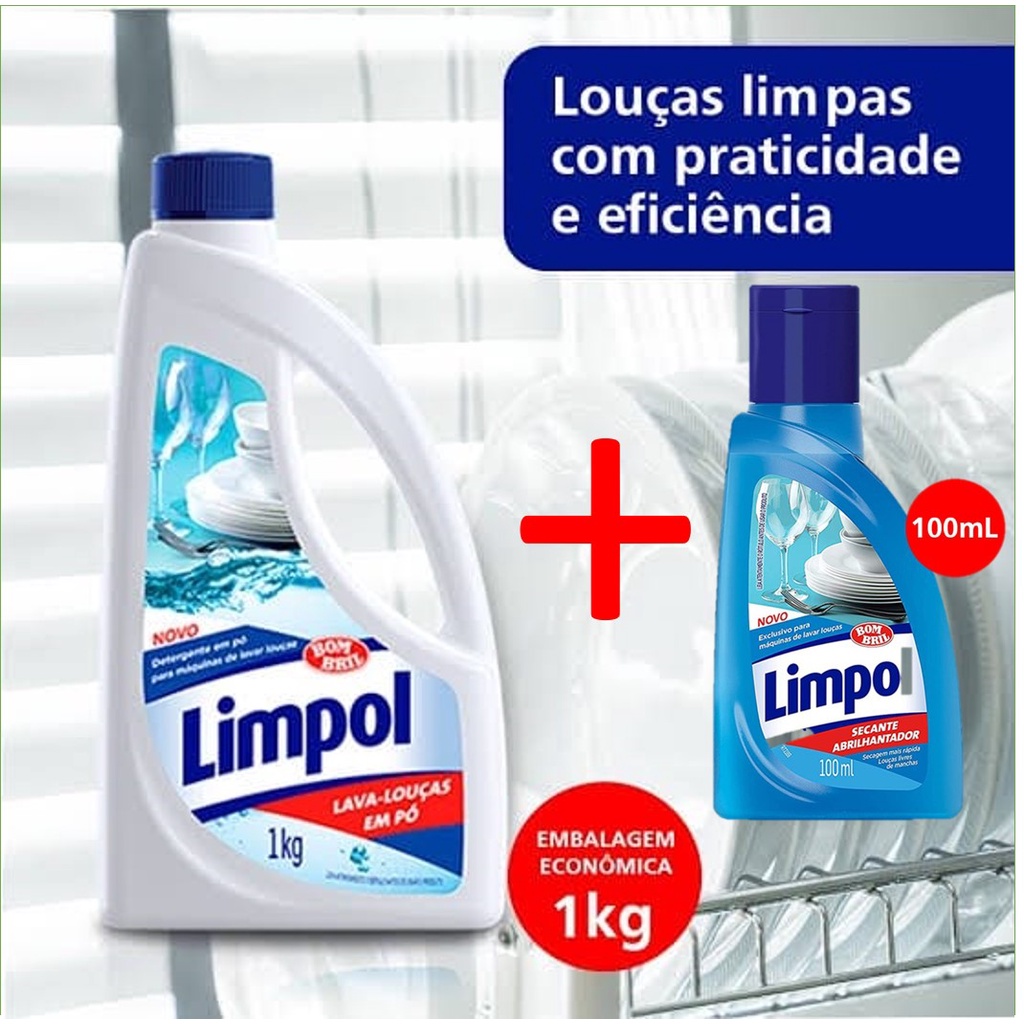 Kit Limpol Lava Louças em pó 1Kg mais Liquido Secante Abrilhantador 100 ...