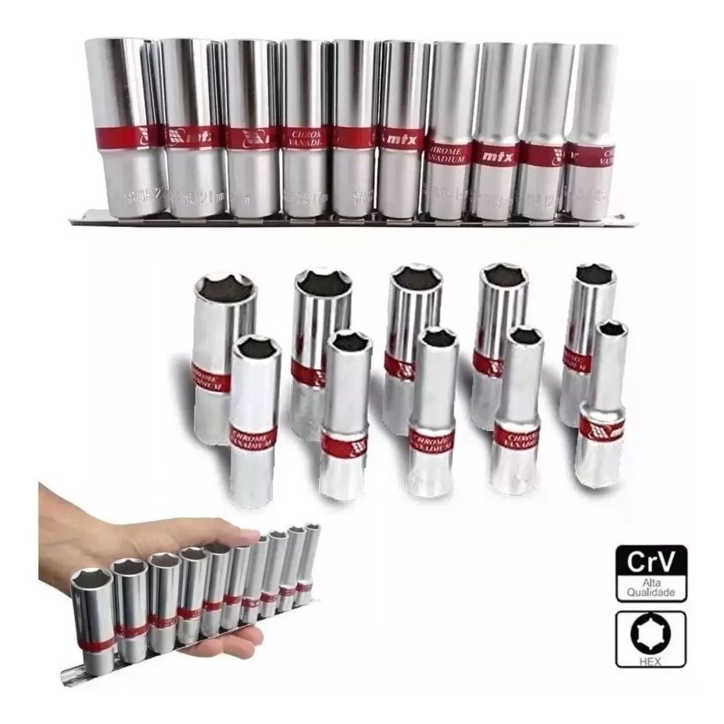 Jogo De Soquetes Longo Sextavado Encaixe 1/2 Pol 10 - 22 Mm Crv 10 Pçs ...