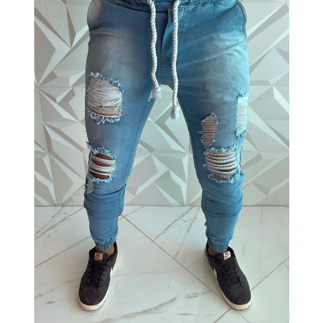 Calça Jogger Cargo Saja Masculina Jeans Brinho Com Elástico Na Cintura