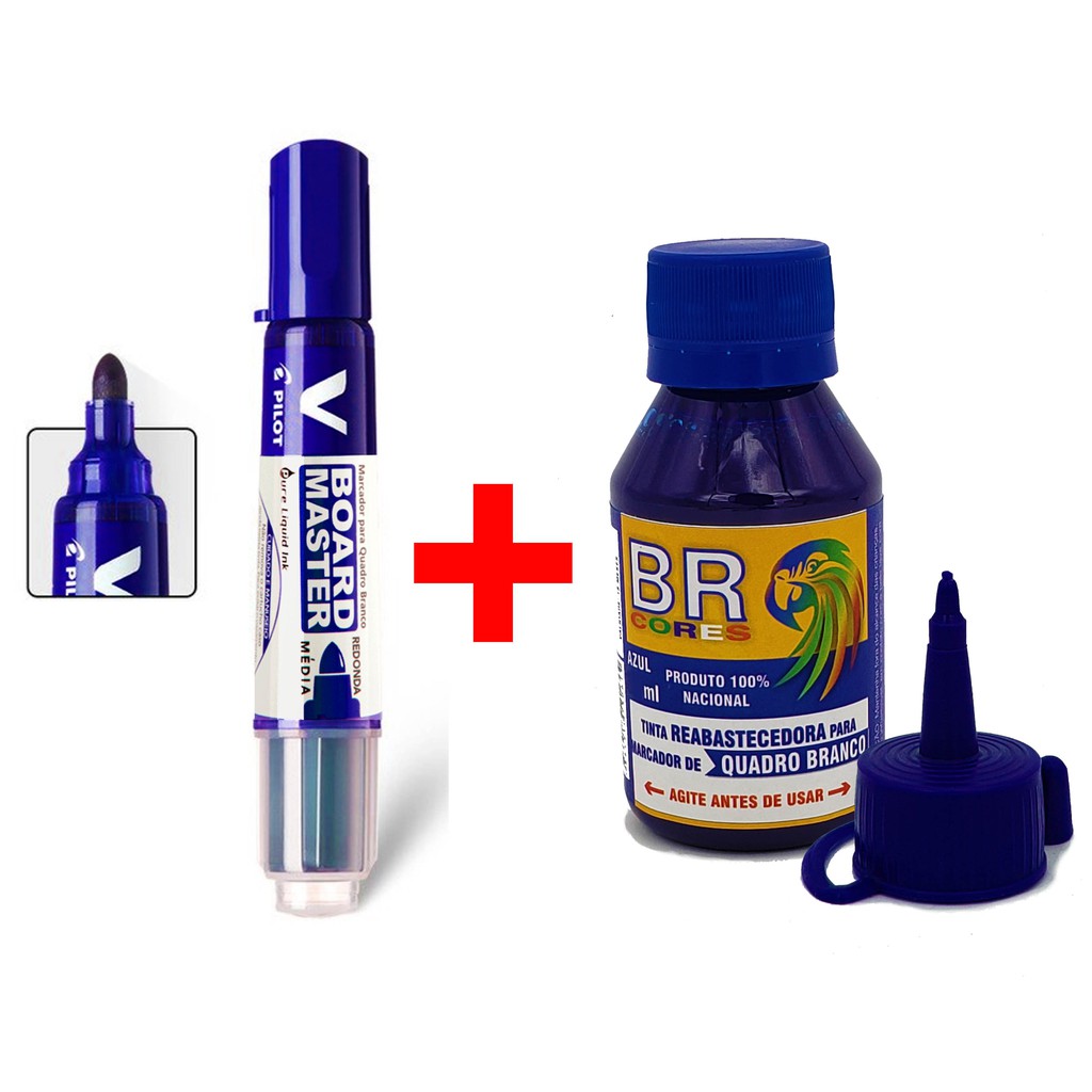 Tinta para Marcador de Quadro Branco Azul 100 mL + 1 Pincel Marcador V ...