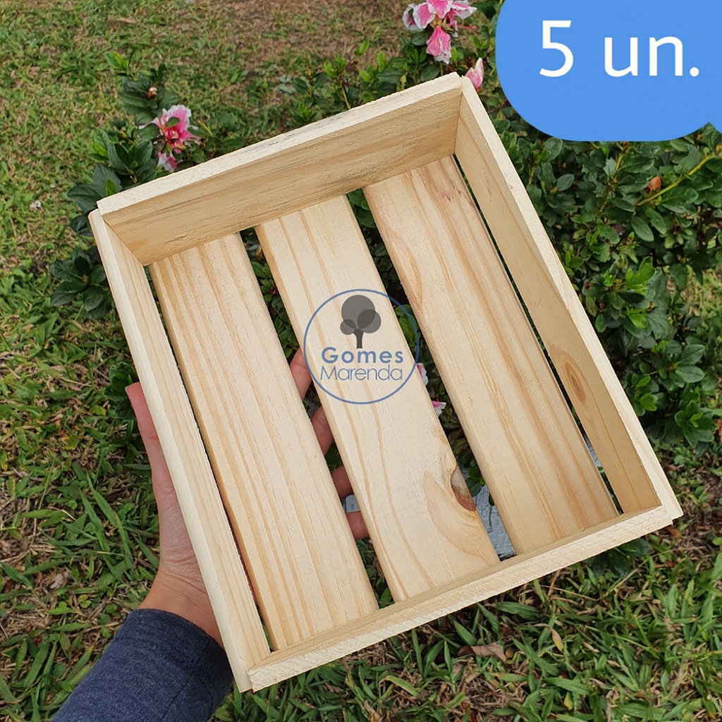 Kit 5 un. Caixote de Madeira Pinus Cesta de Madeira M 24x21x7 cm ...