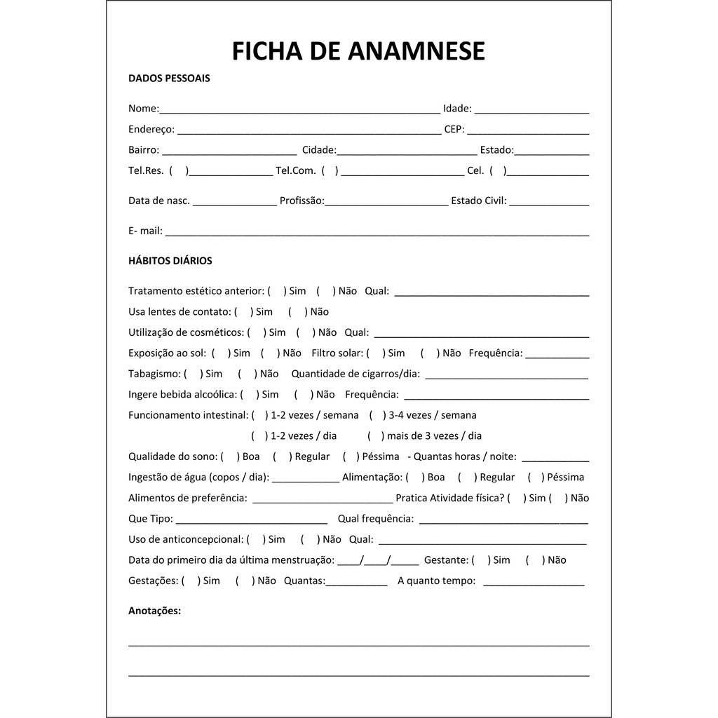 Ficha de Anamnese Padrão/Pessoal - TAM A5 - Faz a Boa!