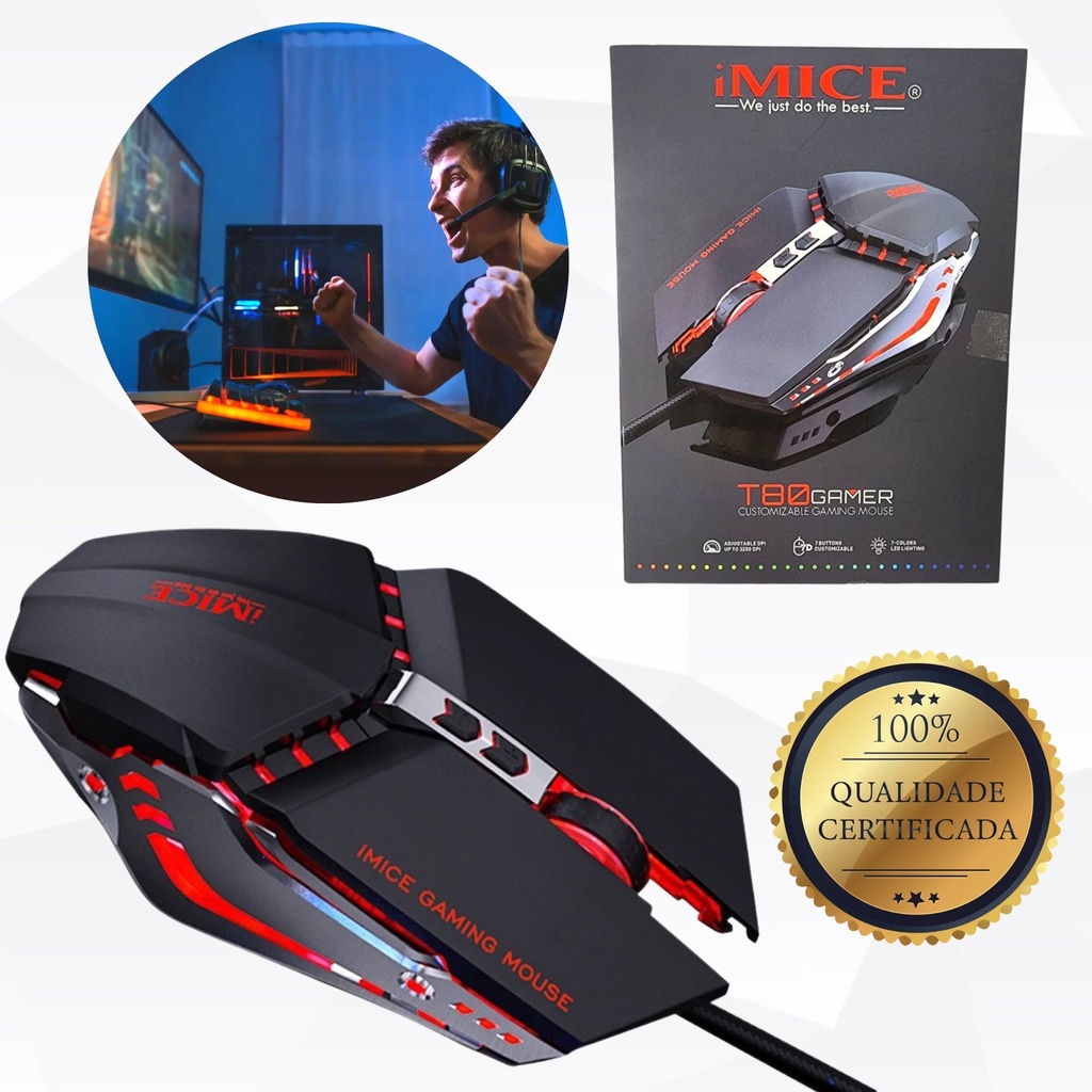 Mouse Gamer USB LED RGB para Games Jogos 3200 Dpi T80 Oferta | Shopee Brasil