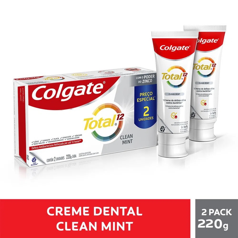 KIT c/ 2 CREME DENTAL COLGATE TOTAL 12 CLEAN MINT 2 UNIDADES 193g ...