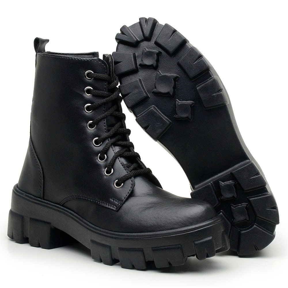 Bota Tratorada Feminina Couro Cano Alto Preta Plataforma | Shopee Brasil