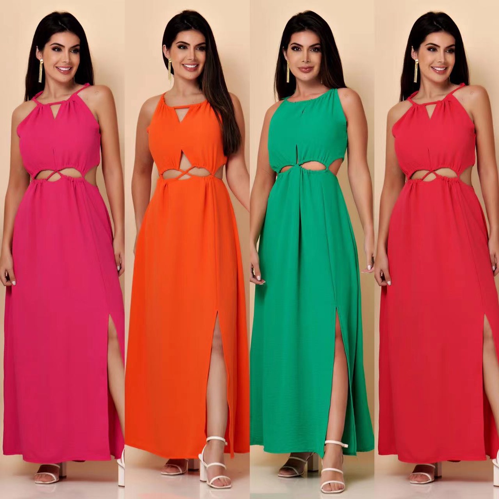 vestido longo femenino reto com fenda tedalhe abertura amarracao moda ...