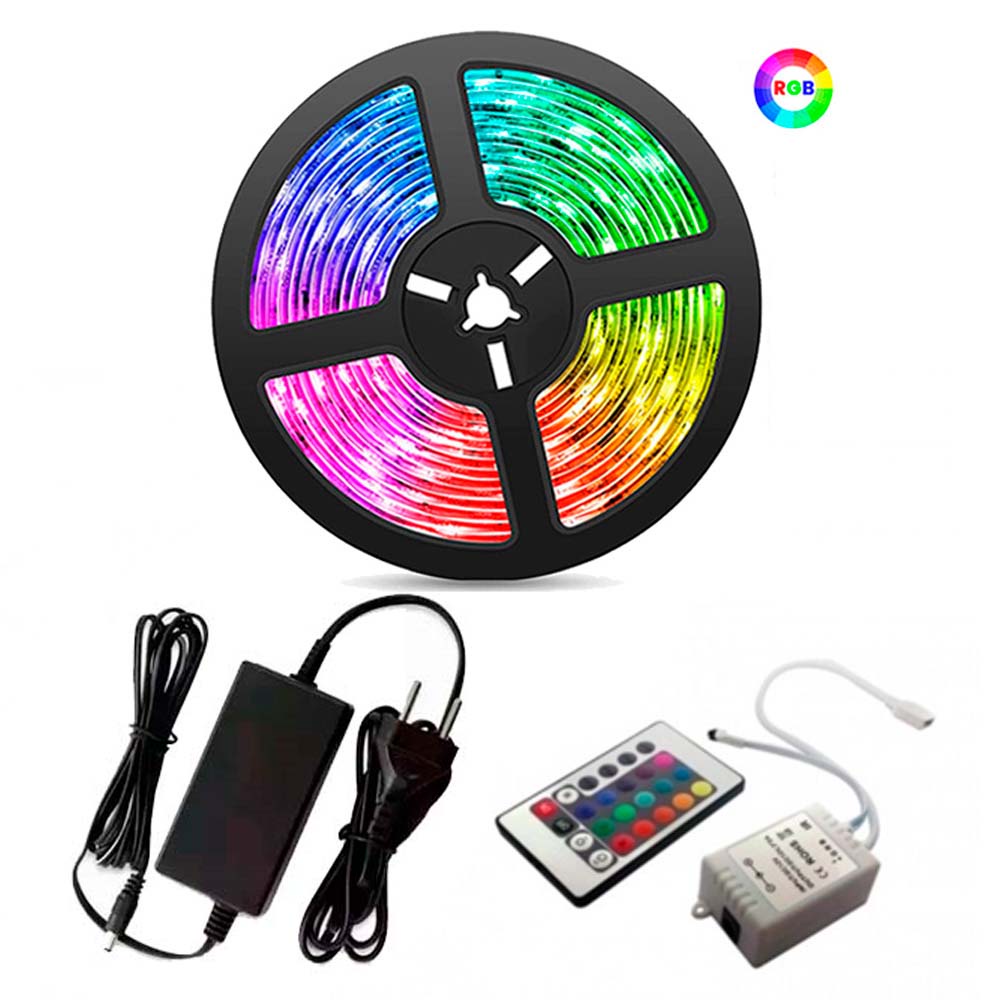 Fita Led 5050 5 Metros Com Controle Rgb com fonte Rolo 5m 16 Cores Colorida 300 Leds Aprova D ...
