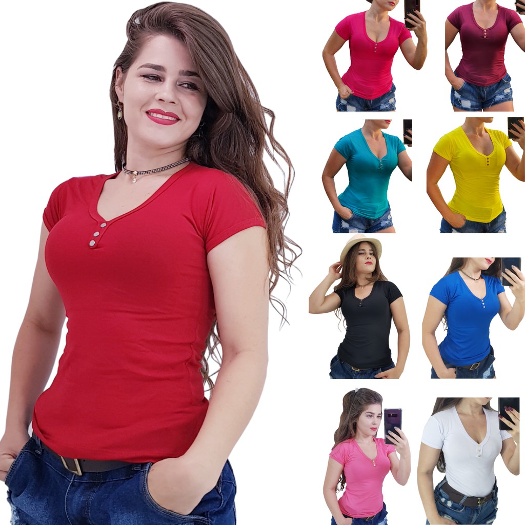 BLUSAS FEMININAS KIT C/ 12 BLUSINHA GOLA V MANGA CURTA LINDAS CORES ...