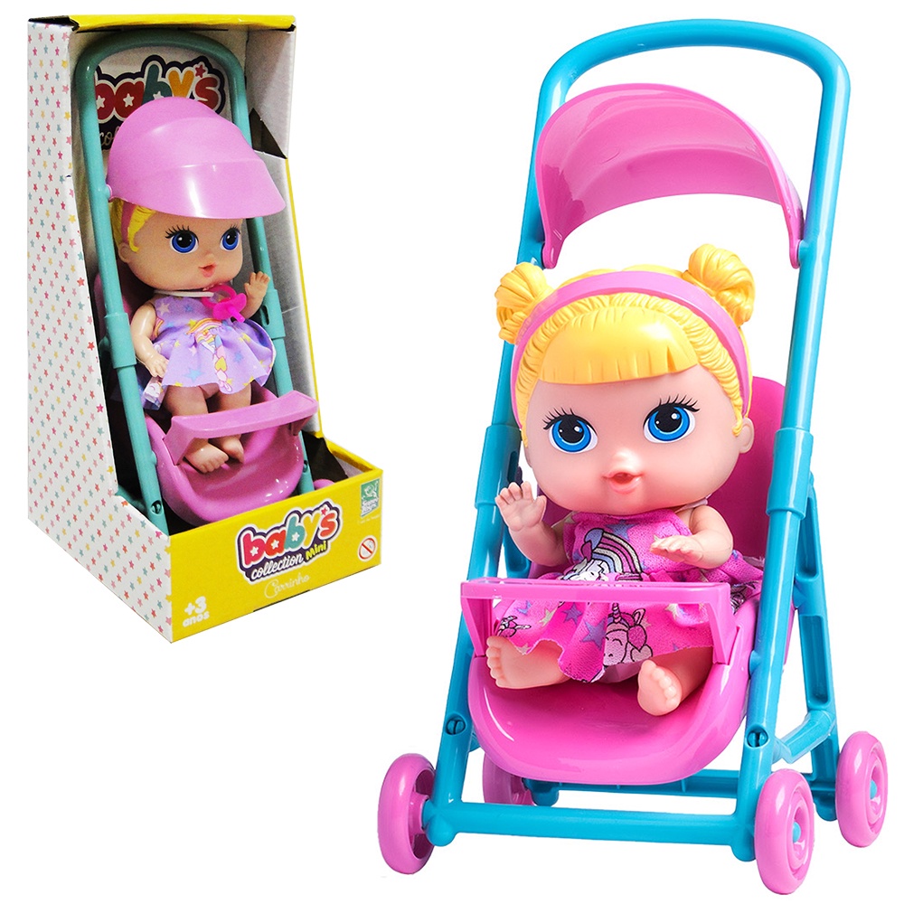 BONECA BABYS COLLECTION MINI COM CARRINHO NA CAIXA | Shopee Brasil