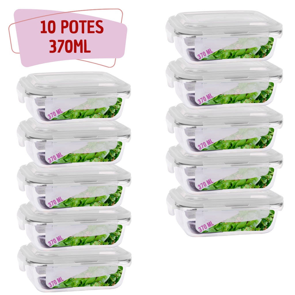 Kit 10 Pote Vidro Tampa Silicone Hermetica Retangular 370ml | Shopee Brasil