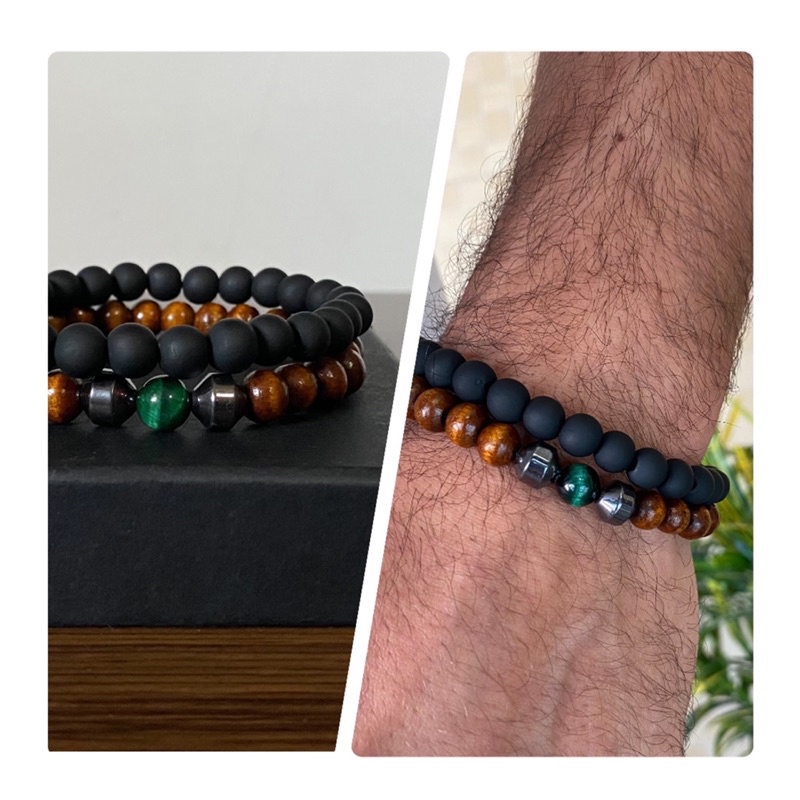 Pulseira Masculina Feminina kit2 Preta Madeira Pedra Natural ...
