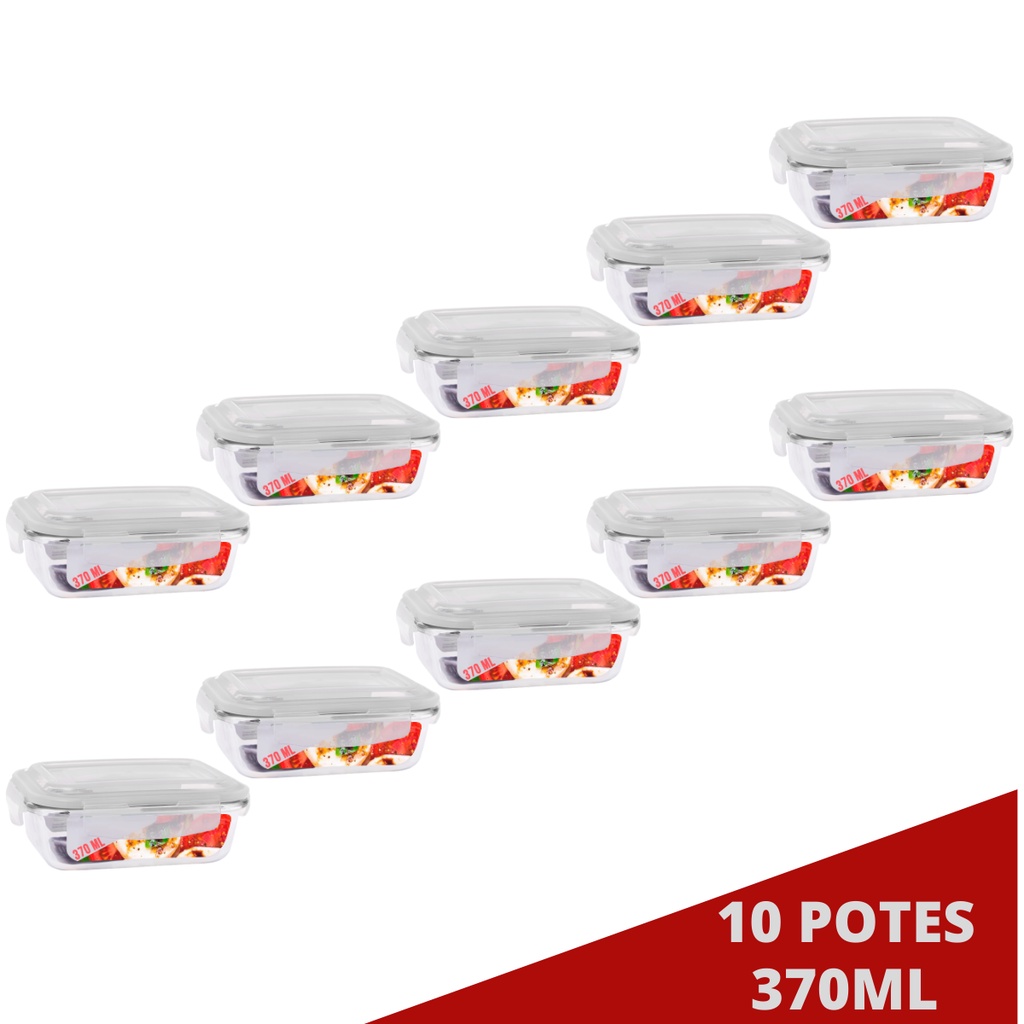 Kit 10 Pote Tampa Hermetica Retangular Vidro 370ml Multiuso | Shopee Brasil