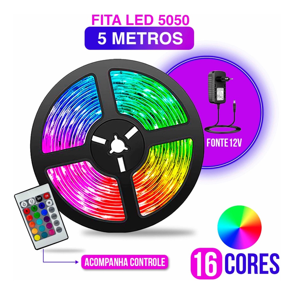 Fita Led Ultra Rgb 5050 5 Metros Com Controle + Fonte 16 Cores Colorida ...