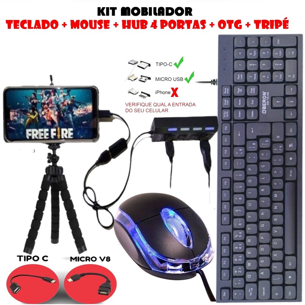 Mobilador Kit Celular Gamer Completo Teclado Mouse Hub 4 Portas Otg Suporte | Shopee Brasil