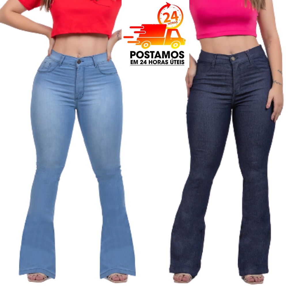 Calça Jeans Flare Feminina Cós Alto Com Lycra Elastano | Shopee Brasil