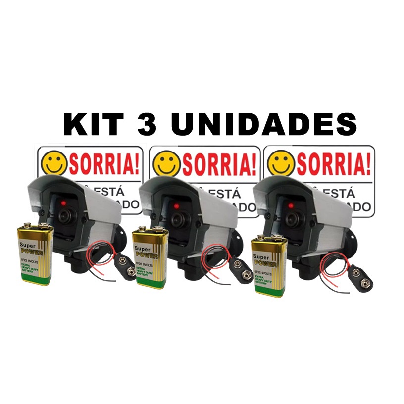 Kit 3 Camera Falsa segurança Com Led + Pilha + placa | Shopee Brasil
