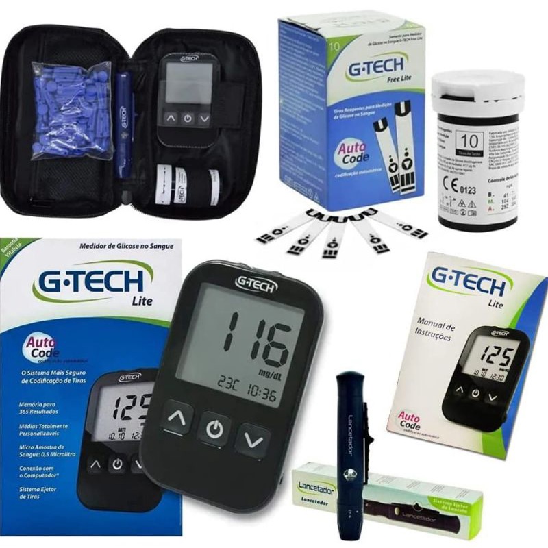 kit medidor de glicemia gtech lite completo com caneta e lanceta ...