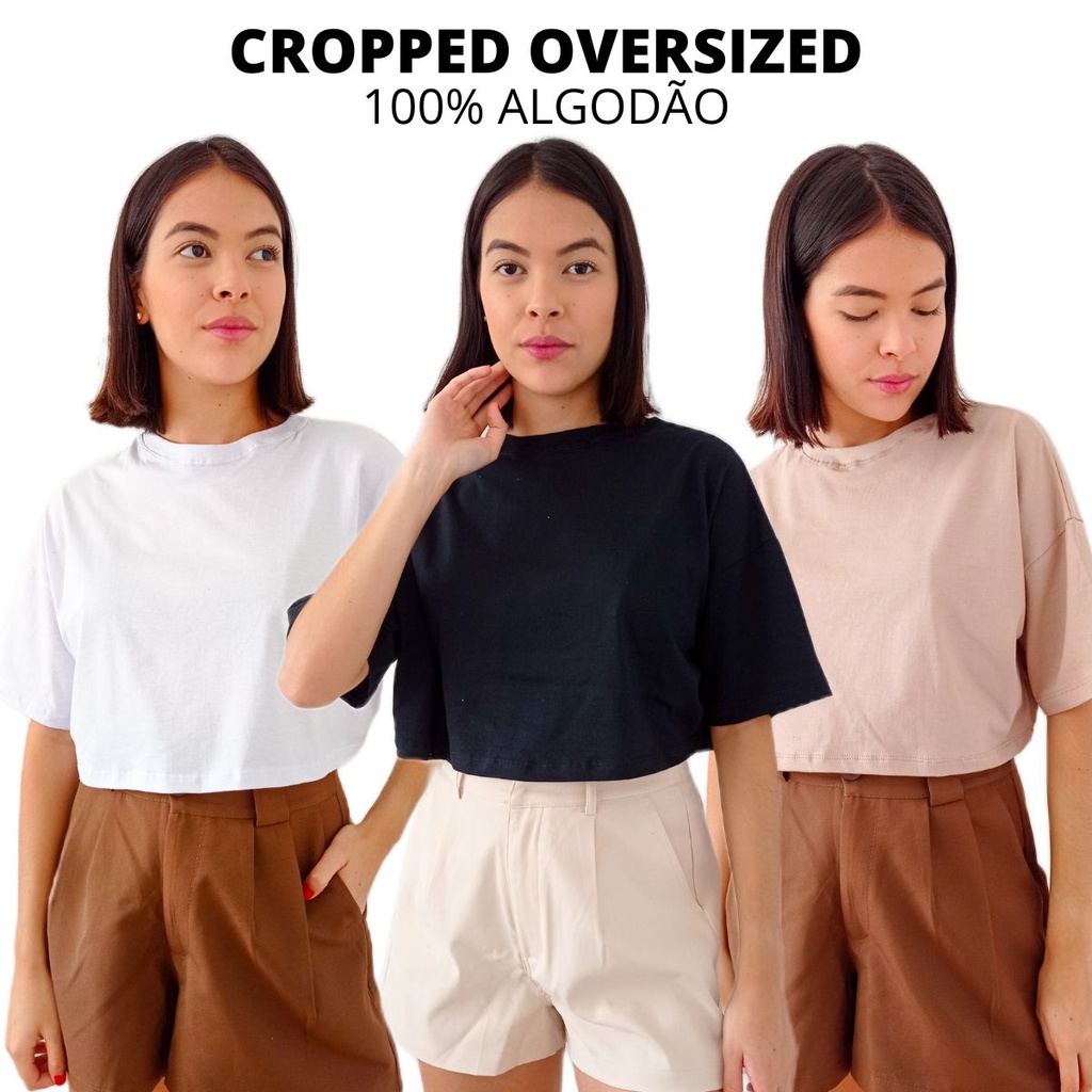 Cropped Feminino Largo Liso Oversized Preto Branco Nude | Shopee Brasil