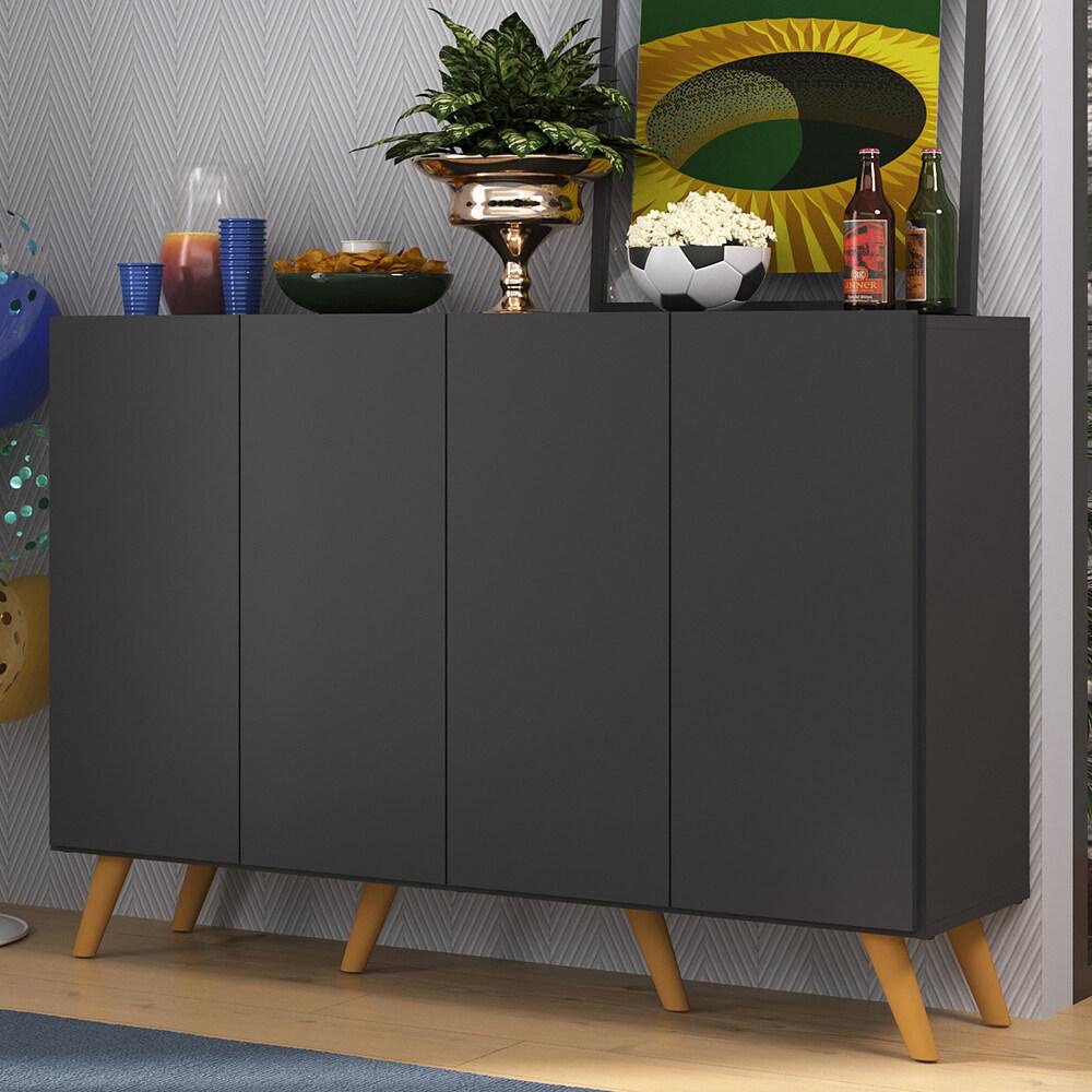 Aparador Buffet 4 Portas Retrô Alemanha Multimóveis BR3556 Preto/Natural | Shopee Brasil