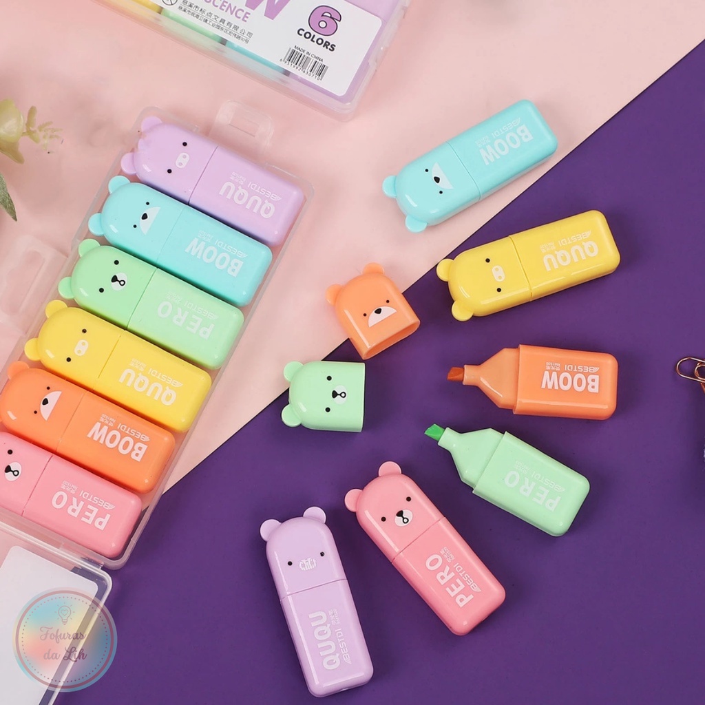 Mini marca texto ursinho kawaii Boow - Kit 6 cores | Shopee Brasil