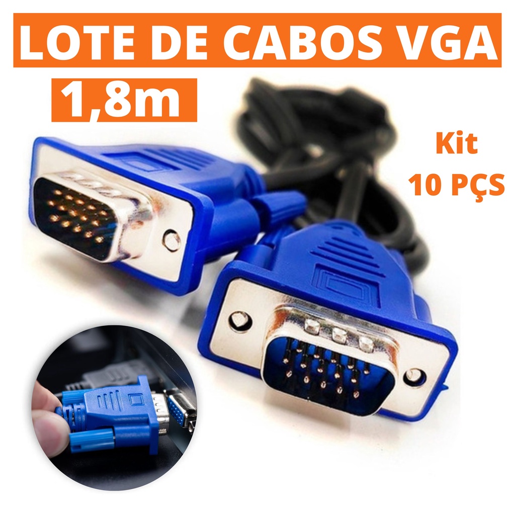 Kit 10 cabos VGA 1,8m Cabo Vga Para Projetor Monitor Lcd Macho Notebook Pc | Shopee Brasil