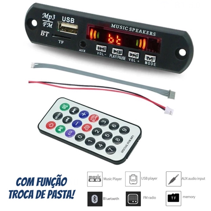 Placa decodificador de áudio mp3 com Controle Remoto Troca de pasta ...