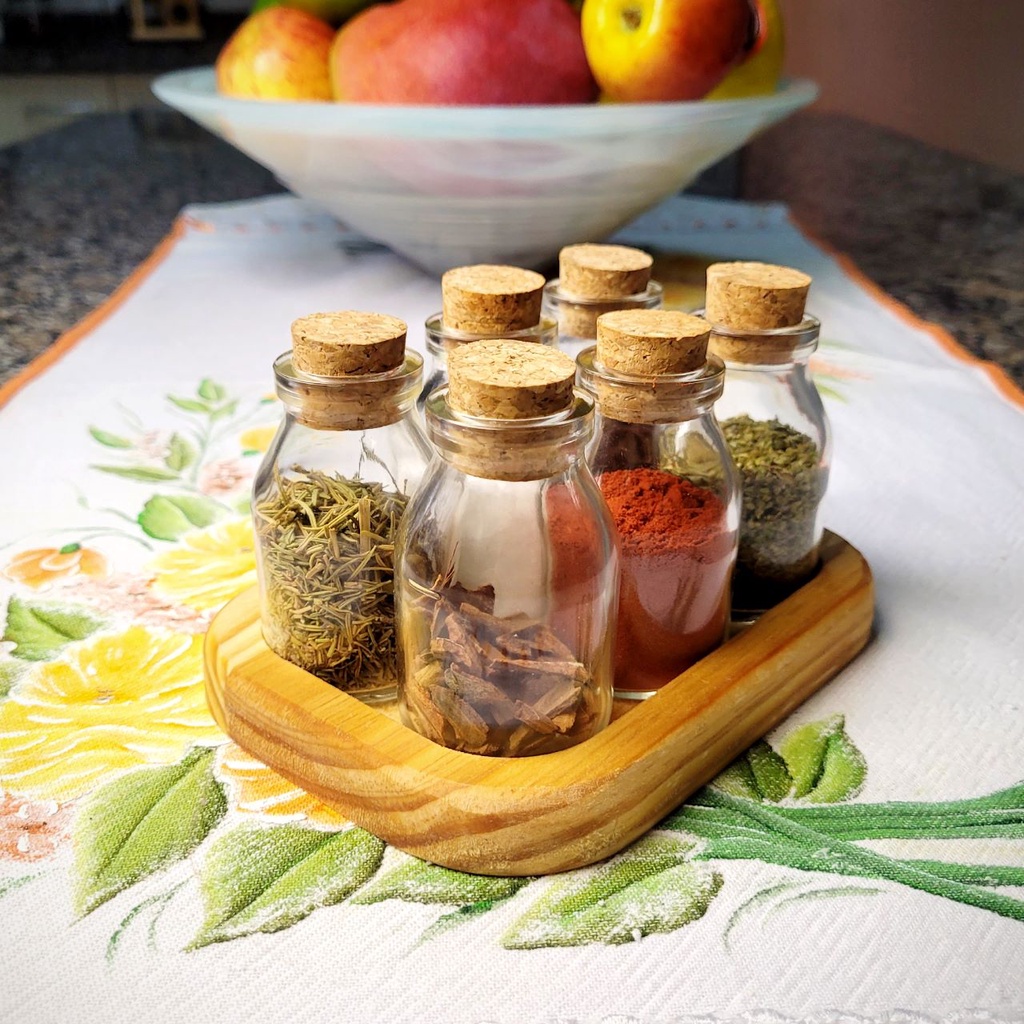 Porta Tempero Condimentos em Madeira com Pote De Vidro Tampa Rolha 6 ...