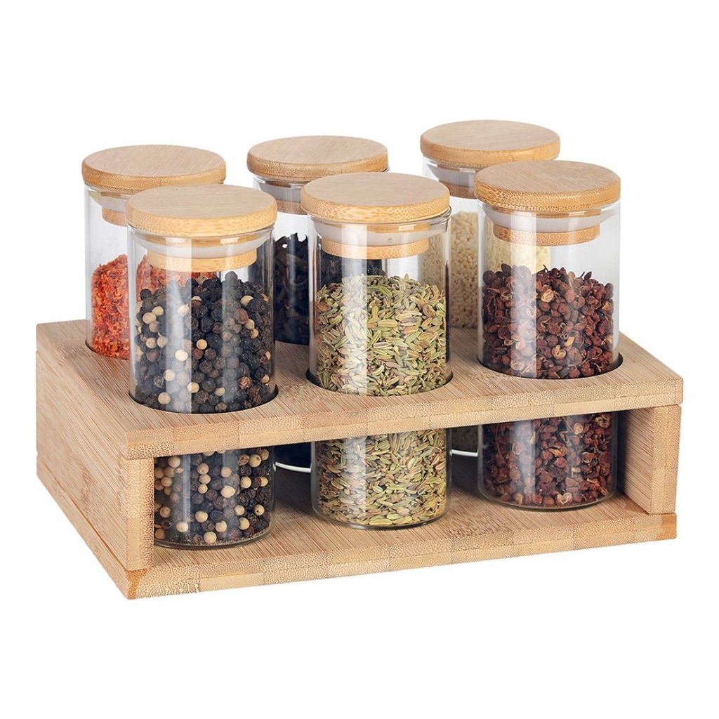 Porta Tempero e Condimentos Suporte Em Bambu Potes De Vidro ...