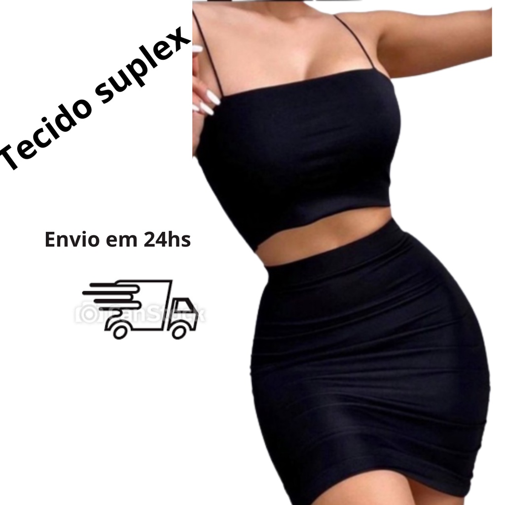 Conjunto Croped e Mini-Saia Curto Colado Justo Sensual Balada Baile ...