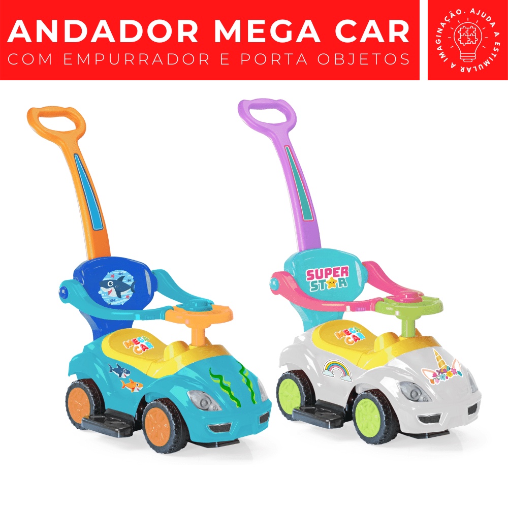 Andador Carrinho de Passeio Infantil Mega Car c/ Empurrador | Shopee Brasil