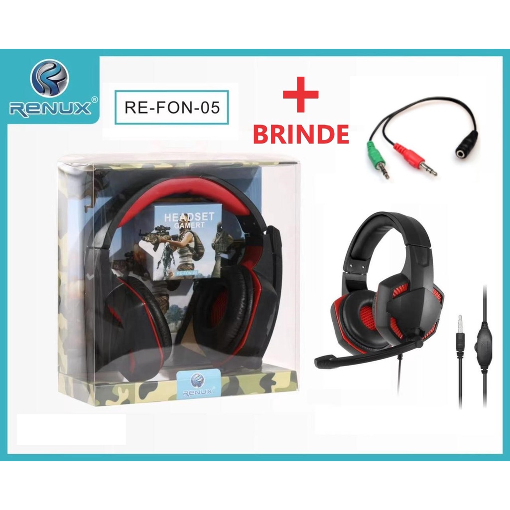 Fone Headset Gamer Original Renux Com Microfone E Adaptador Para Pc Notebook Celular PS4 Xbox ...