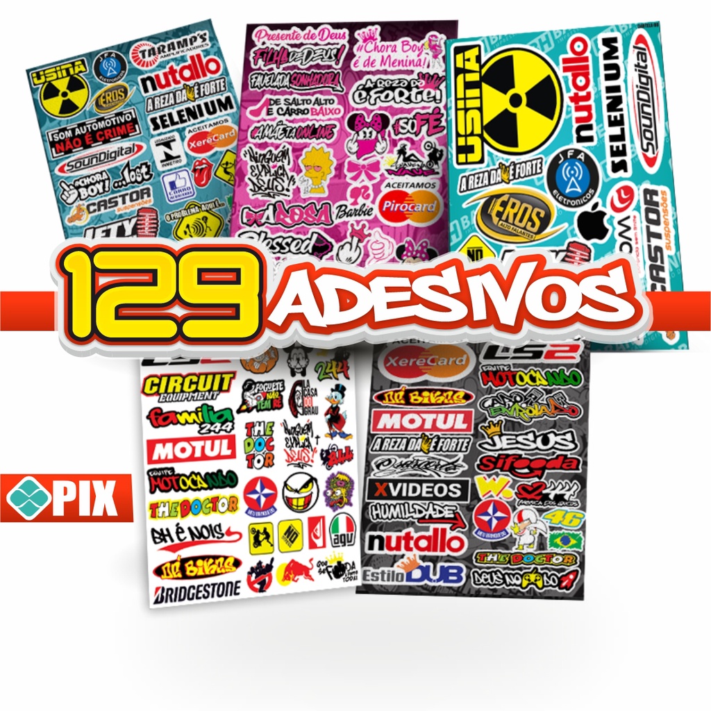 Kit 129 Adesivos Vinil com 5 Cartelas Adesivo - Moto Honda Carro e Bike Bicicleta Notebook ...