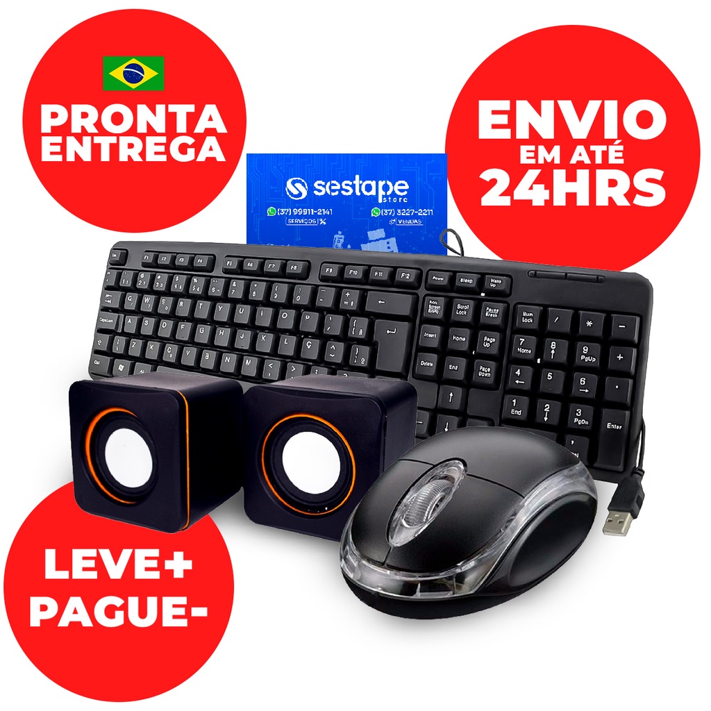 Kit Teclado e Mouse Basico Com Fio Computador + Caixa De Som Pc ...