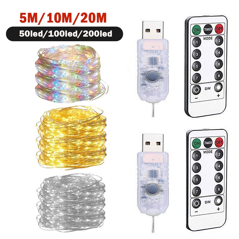 Luzes De LED De Controle Remoto USB String Lights 8 Modos 5M/10M/20M Fada De Fio De Cobre ...