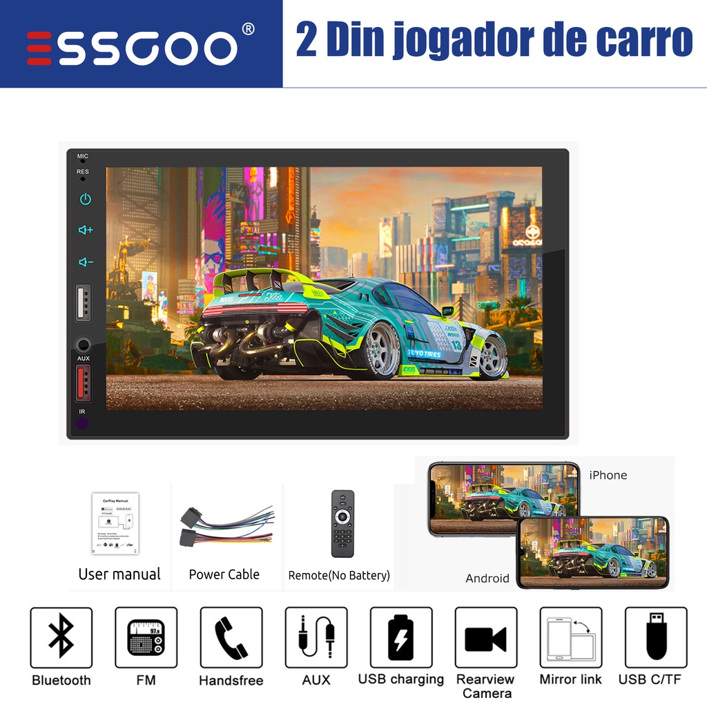 ESSGOO 7 Polegada 2 Din player Do Carro De Rádio bluetooth mp5-BT ...