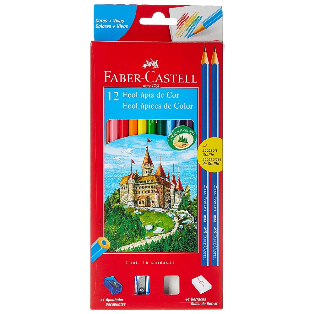 Lápis de Cor FABER CASTELL c/ 12 Cores + 2 Lápis Grafite + Apontador ...