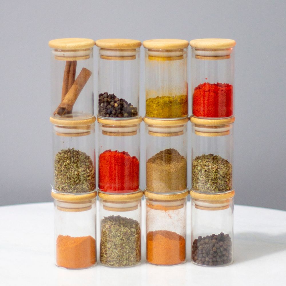 Kit c/12 Potes de Vidro para Temperos Herméticos com Tampa de Bambu ...