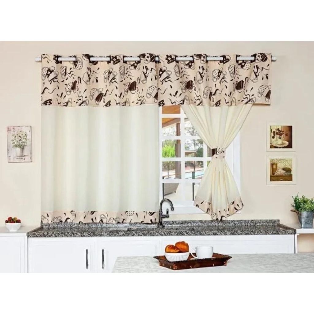 Cortina de Cozinha 4,00x1,40 Com bando Tecido Oxford Cappucino | Shopee ...