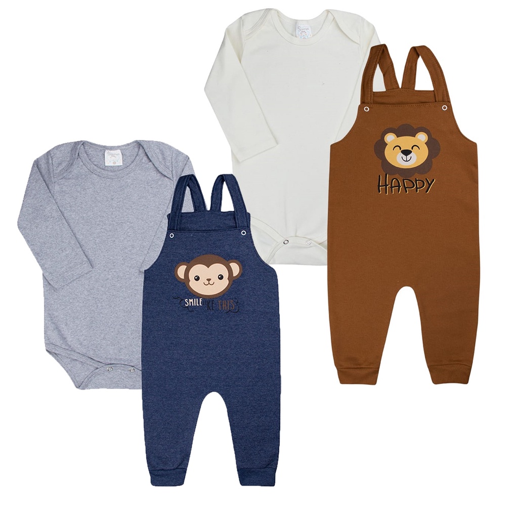 Kit Roupa De Bebe Conjunto 4 Peças Jardineira E Body Longo Menino E ...