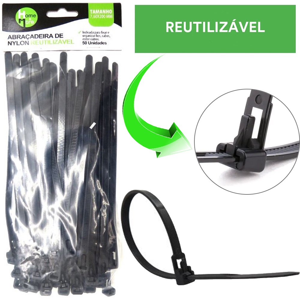 ABRACADEIRA DE NYLON ENFORCA GATO REUTILIZAVEL PRETO COM 50 PECAS 7,6 X ...