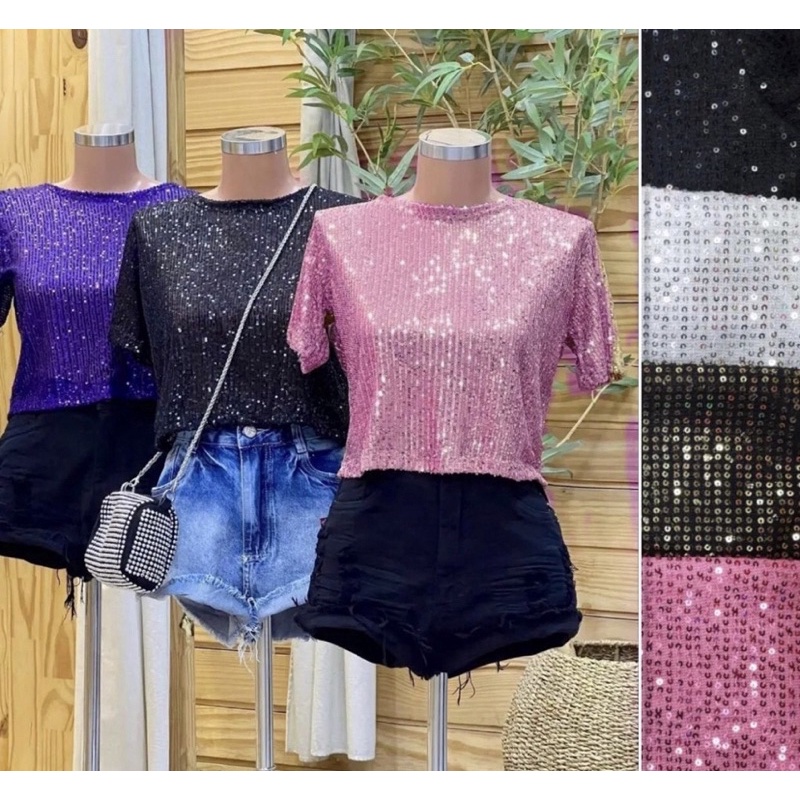 Cropped Blusinha Paetê Brilho Feminina Moda Paty Blogueira Festa Balada ...
