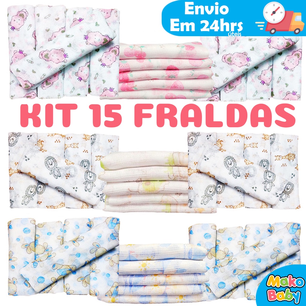 Fralda de pano kit com 15 unidades fina 60x60cm 100% algodão Minasrey ...