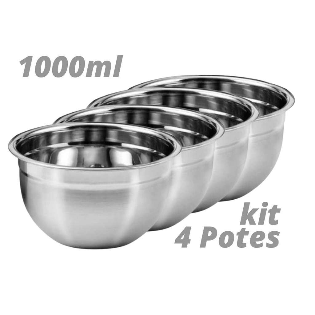 Kit 4 Tigelas Bowl Inox Multiuso Cumbuca Bacia P/Salada Massa1000ML ...