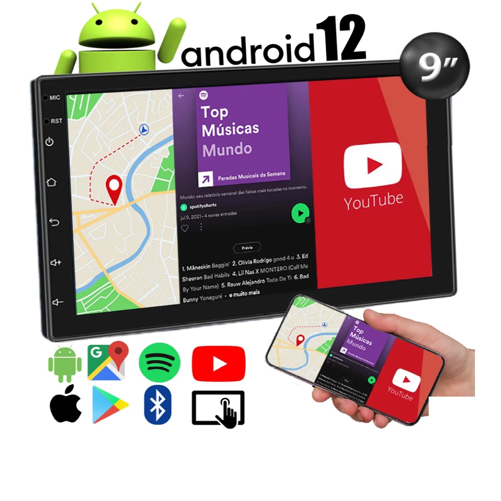 Central Multimídia Universal Tela 9 Polegadas Android 12 Espelhamento Sem Fio GPS Integrado WIFI ...