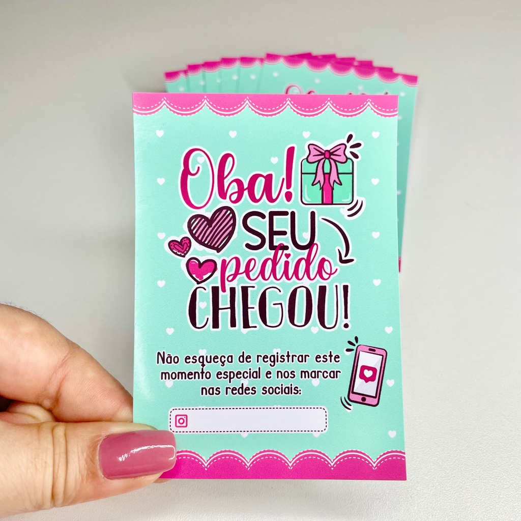 Cartao de Agradecimento Oba Seu Pedido Chegou - Embalagem com 50 ou 100 ...