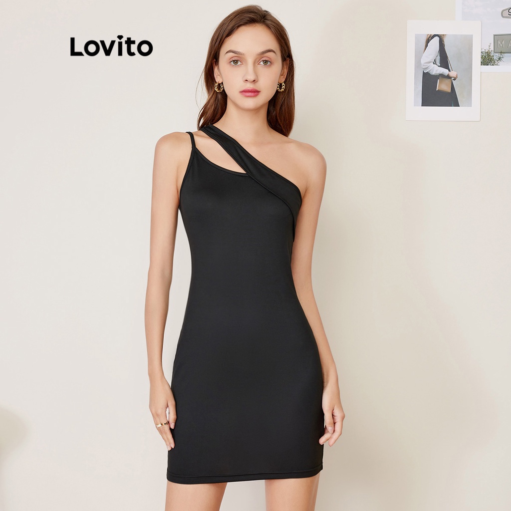 Lovito Sexy Vestido Liso Com Recorte Ombro Único L27ad110 Preto