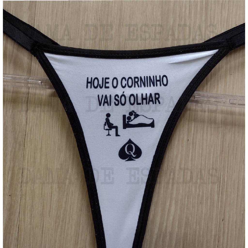 Calcinha erótica branca com acabamentos em preto, Hotwife, Cuckold, Swing, estampa Nº 17 - Faz a ...