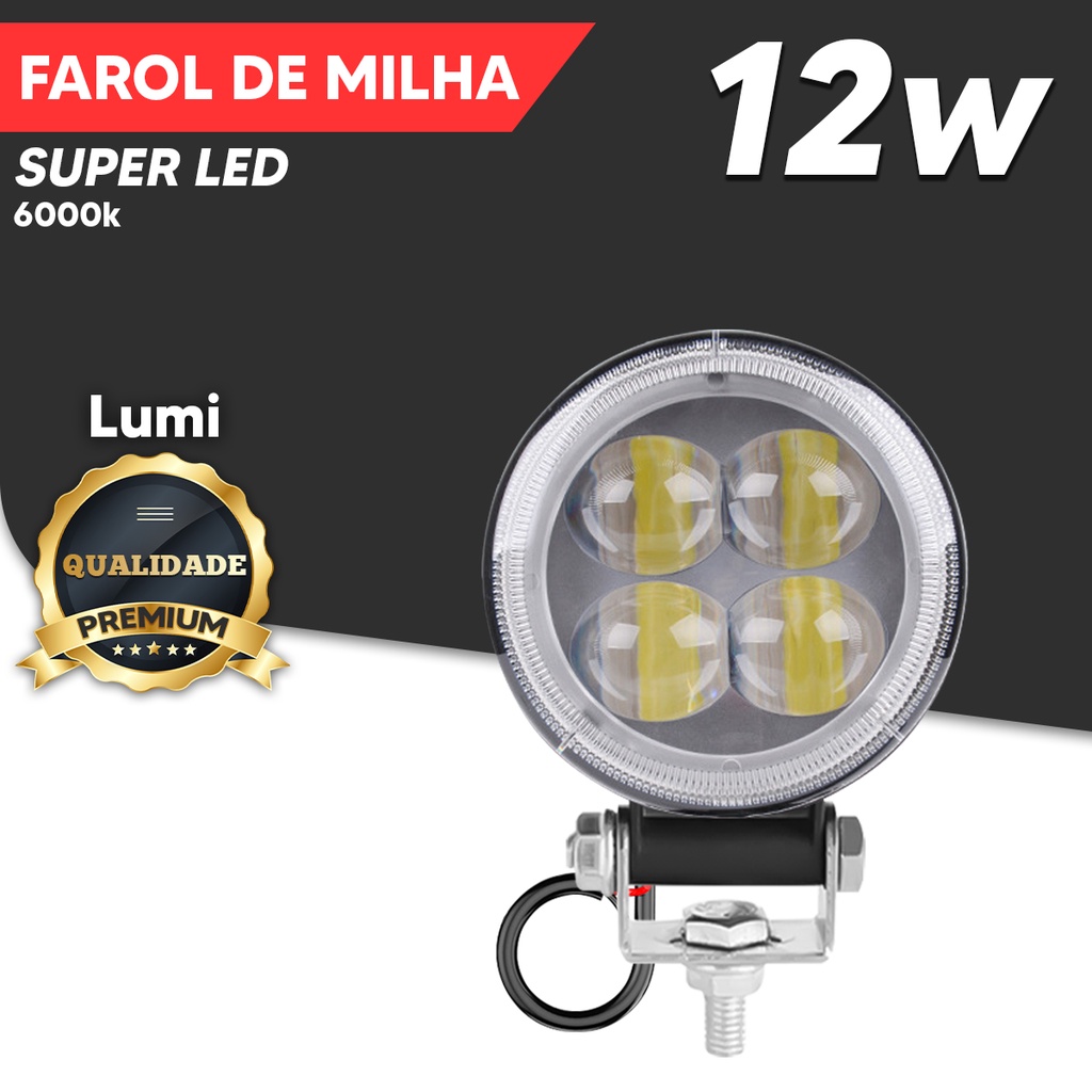 Farol De Milha Auxiliar Led Redondo 4 Leds 12w 9v-60v 6000k Lumi Pronta ...