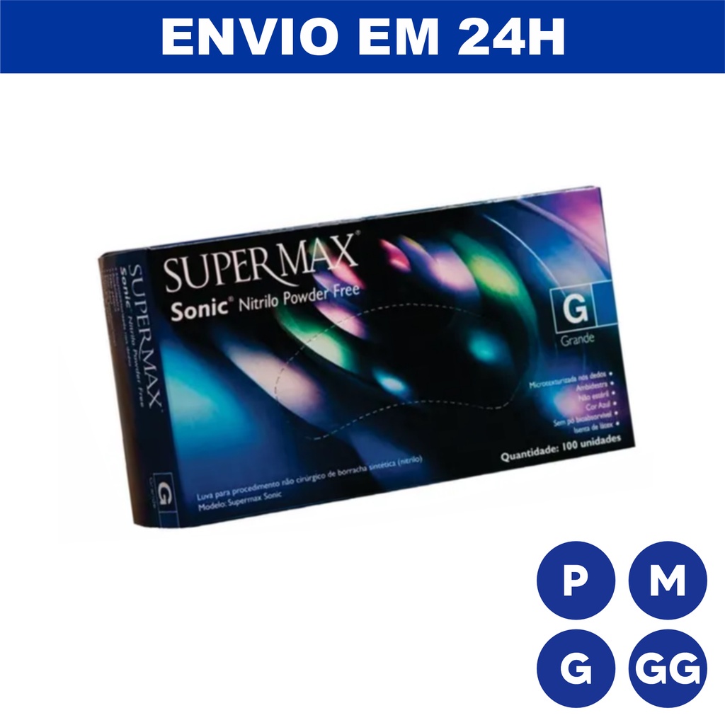 Luva Procedimento Nitrílica Sem Pó Sonic Azul Cobalto C/100 UND Supermax | Shopee Brasil