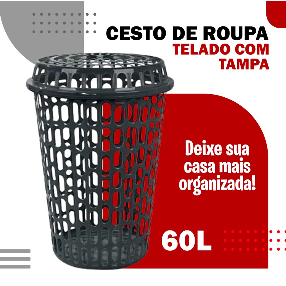 Cesto de Roupas Grande 60L Para Roupa Telado Com Tampa Roupeiro ...